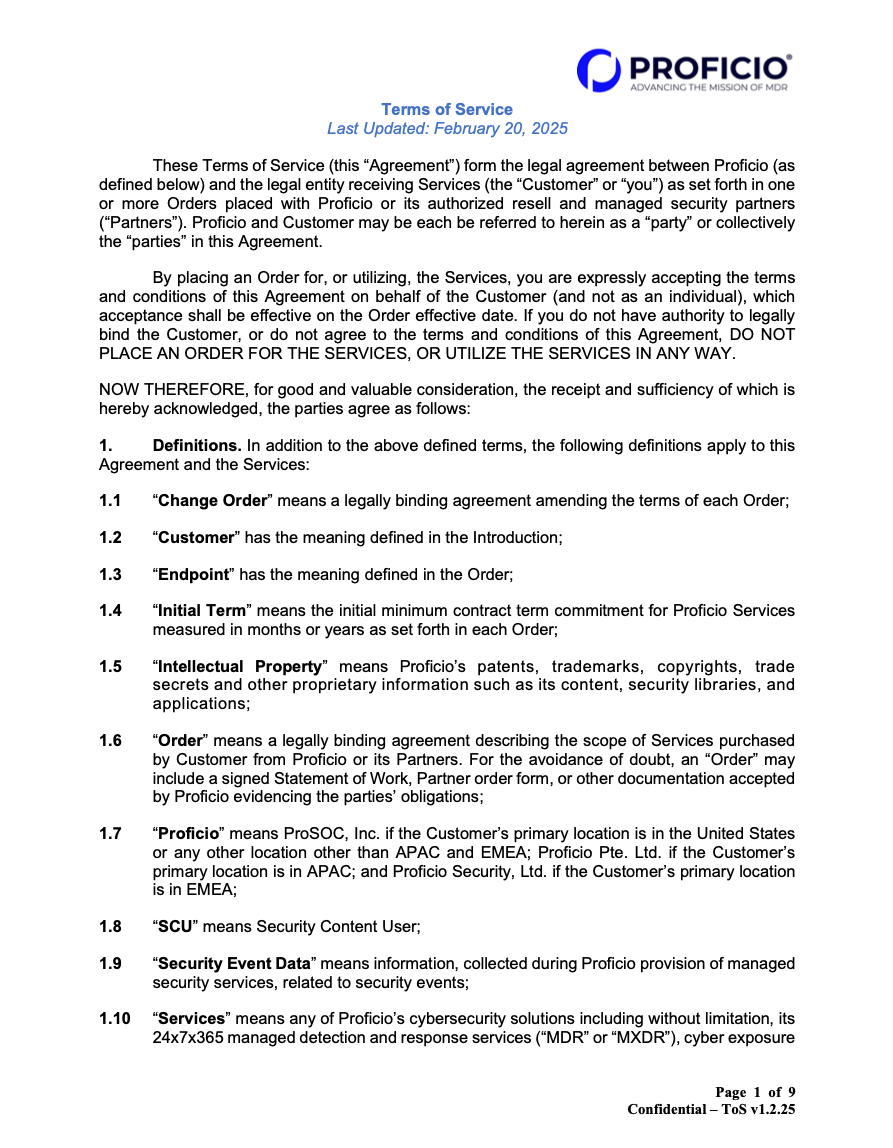 Proficio Master Services Agreement - Proficio